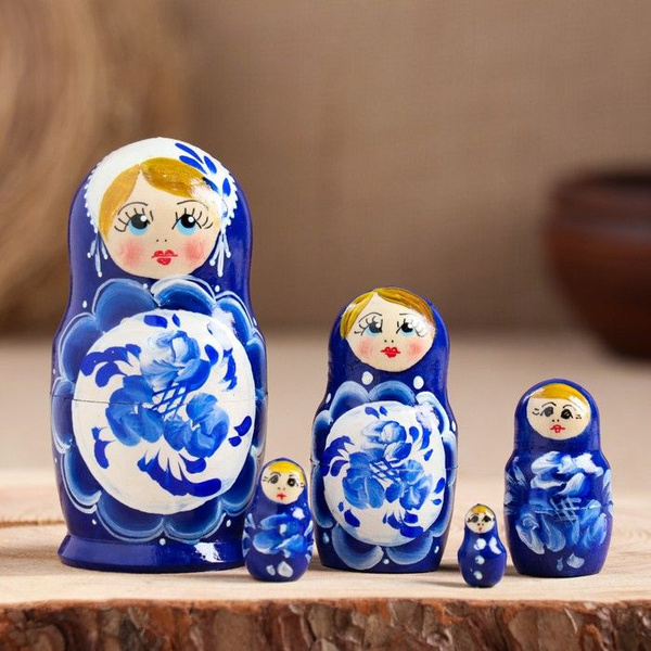 Матрёшка Поднос гжель, синее платье, 5 кукольная, 10 см - купить по ...