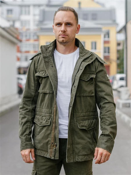 Ветровка Мужской M65 CASUAL Воротник, Капюшон оливковый капюшон Хлопок, размер 56 Длинный ...