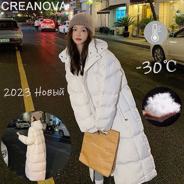 Пуховик Женский CREANOVA Воротник белый V-образный Велюр искусственный, размер 46 Длинный Зима ...