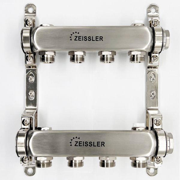 Коллектор для отопления TIM - ZEISSLER на 4 выхода без клапанов из нержавеющей стали 1" - 3/4 ...