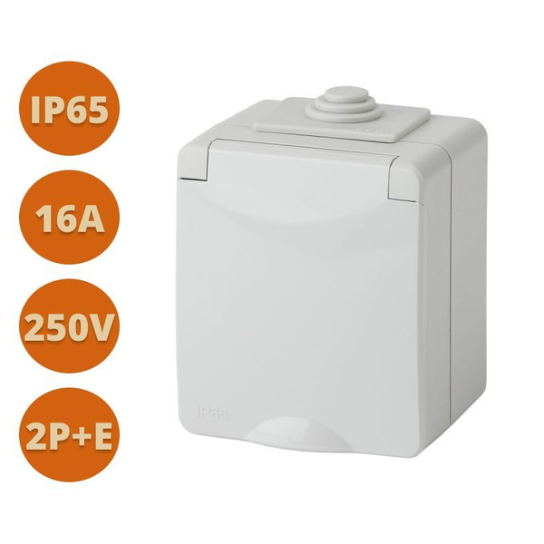 Розетка с крышкой 2P+E, 16A, 250В, IP65, 11-2601-03 , серый, с ...