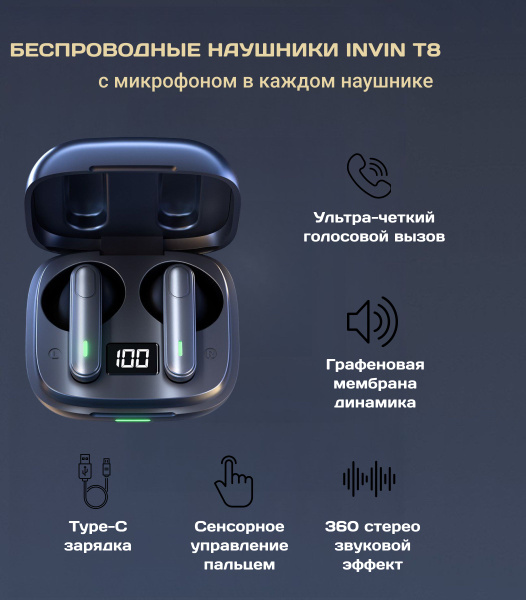 Наушники Вкладыши Invin T8 Беспроводное 32 152469 купить c доставкой на ...