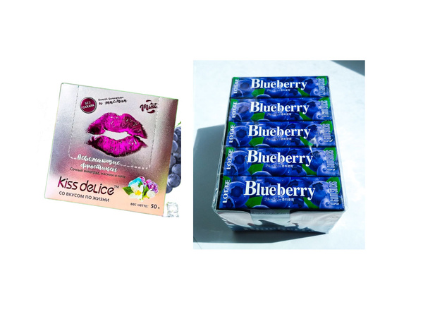 (1) Lotte Blueberry Жевательная резинка 15уп + (1) Освежающие леденцы ...