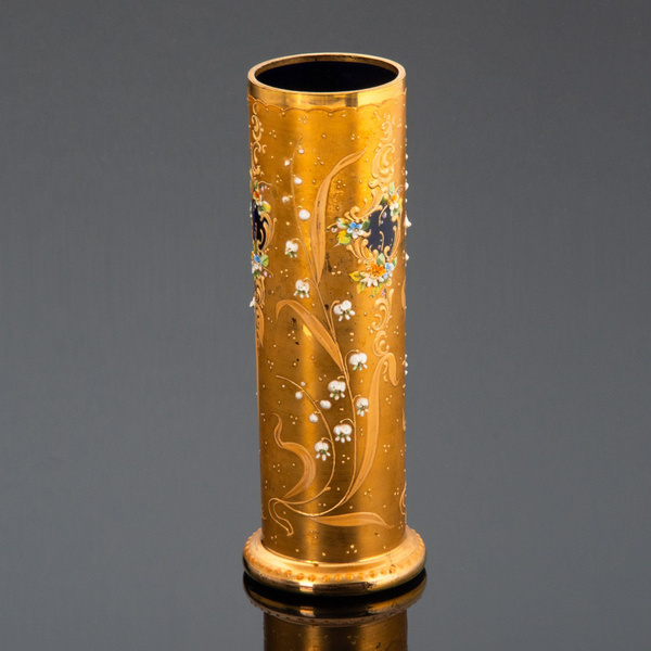 Ваза винтажная цилиндрической формы, стекло, золочение, роспись, эмали, Богемия, 1880-1900 гг ...