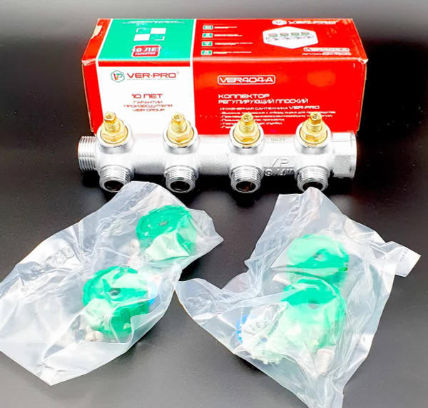 Коллектор 3/4"х1/2"НР - 4 выхода плоский с регулировочными вентилями Vieir VER404-A - купить в ...