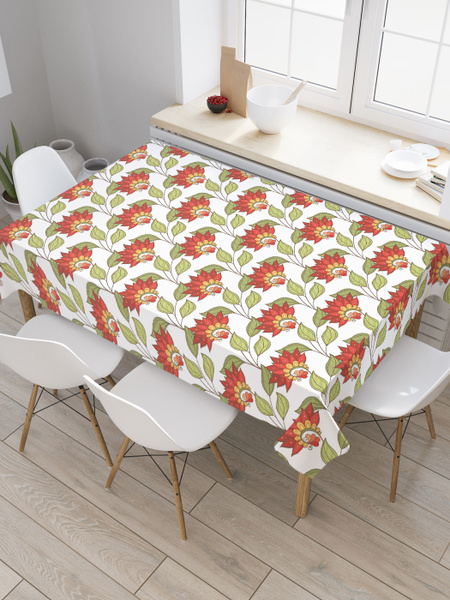 Скатерть прямоугольная на кухонный стол JoyArty "Весенние листья и цветы" из оксфорда, 180x145 ...