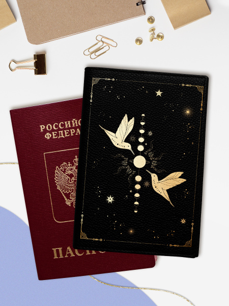Обложка на паспорт / загранпаспорт с отделением для СНИЛС и карт, Berloga store - "Золотые птицы ...
