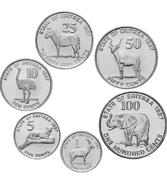 Набор 6 монет Эритрея 1-5-10-25-50-100 Центов 1997 год, AU, Животные ...