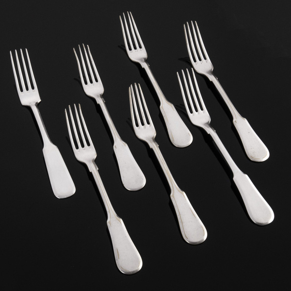 Набор из семи столовых вилок лаконичной формы, латунь, серебрение, Norblin & Co Норблин ...