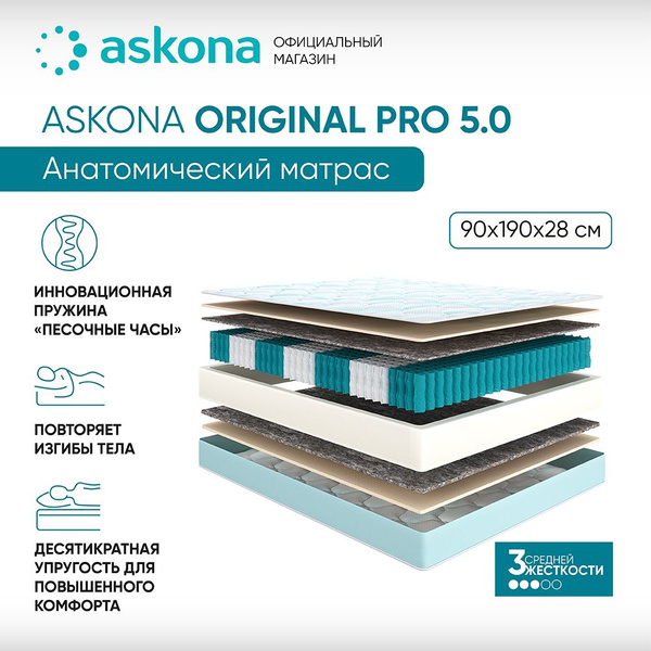 Матрас ASKONA Askona Original Pro 5.0, С зональным пружинным блоком, 90 - купить по выгодной ...