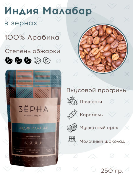 Кофе свежей обжарки в зернах "Индия Малабар", 250 гр - купить с ...