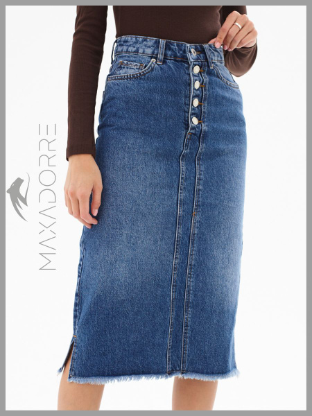 Юбка Женский MAXADORRE синий Деним карандаш, размер 44 Пуговицы Миди Необработанный край ...