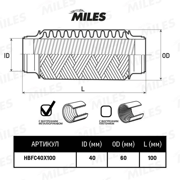 Miles Гофра глушителя с внутренним металлорукавом 40X100 - купить по ...