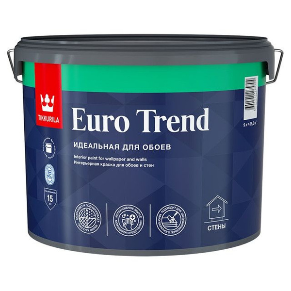 Краска акриловая TIKKURILA Euro Trend база C для обоев 9л бесцветная ...