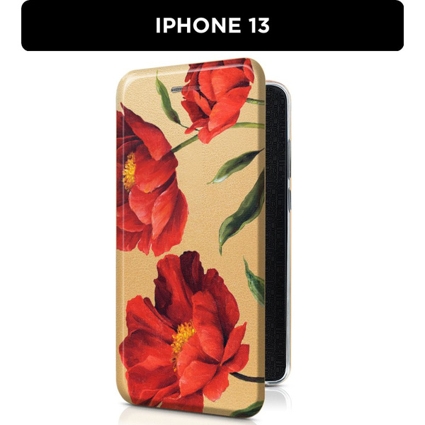 Чехол-книжка на Apple iPhone 13 / Айфон 13 с рисунком "Красные маки ...
