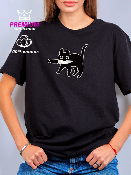 Футболка Женский Museum MERCH Кот черный, красный Короткий, размер 42 ...