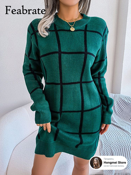 Платье Женский Feabrate зеленый платье-свитер Повседневный Длинный Акрил, размер 48, 50 Без ...
