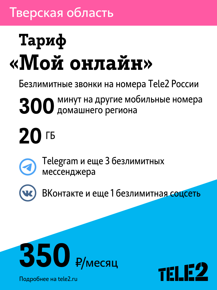 SIM-карта Tele2 Тарифный план для смартфона "Мой онлайн", баланс 300 руб. (Тверская область ...