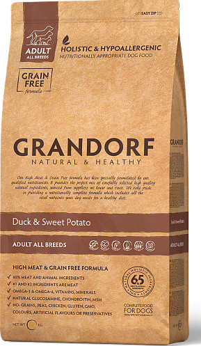 GRANDORF Duck&Potato 1кг полнорационный сухой корм для собак склонных к ...