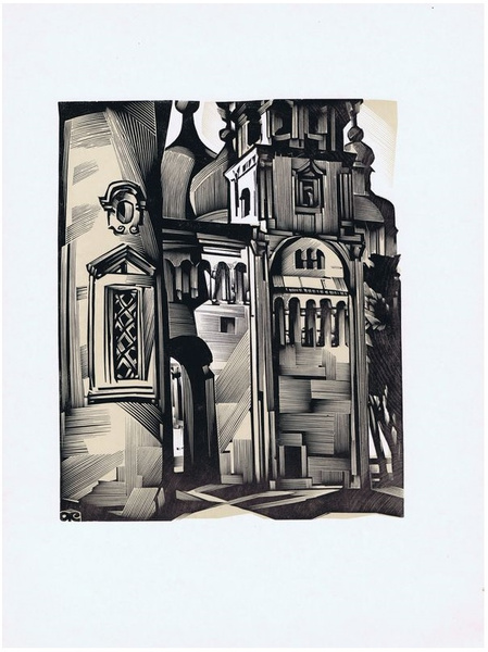 Антикварная гравюра. Анатолий Калашников. Город Владимир. Боголюбово. Лестничная башня, XII век ...