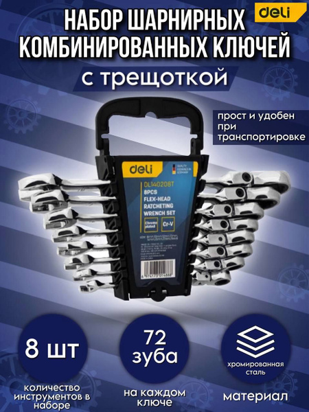 Набор комбинированных шарнирных ключей с трещоткой 8 шт. Deli DL140208T ...