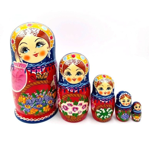 Матрешка деревянная 5 мест 18 см Красно-синяя, детская, авторская ...