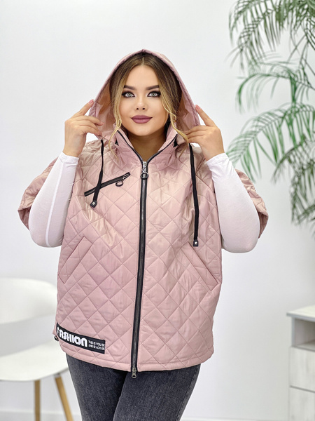 Жилет Женский Jyldyz светло-розовый, размер 58 оверсайз Молния Однотонный Повседневный Синтепон ...