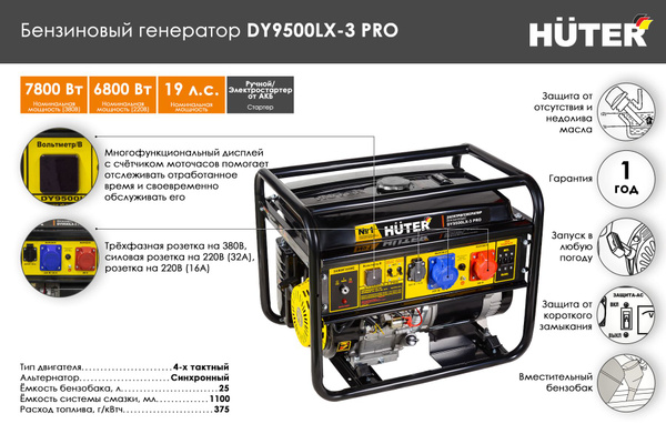 Генератор бензиновый, Электрогенератор Huter DY9500LX-3 PRO c ...
