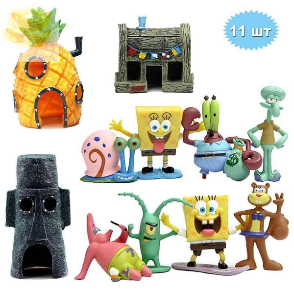 Декорация для аквариума Набор Фигурки SpongeBob 11 шт, домик Губка Боб ...