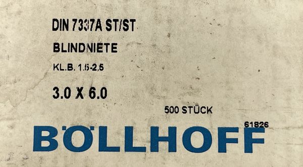 Вытяжная заклепка BOLLHOFF 3.0х6.0мм, сталь/сталь, борт стандартный ...