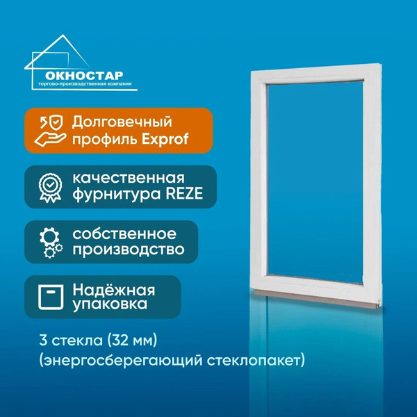 Пластиковое окно ПВХ, 900x700 (ВхШ), одностворчатое, глухое, профиль ...