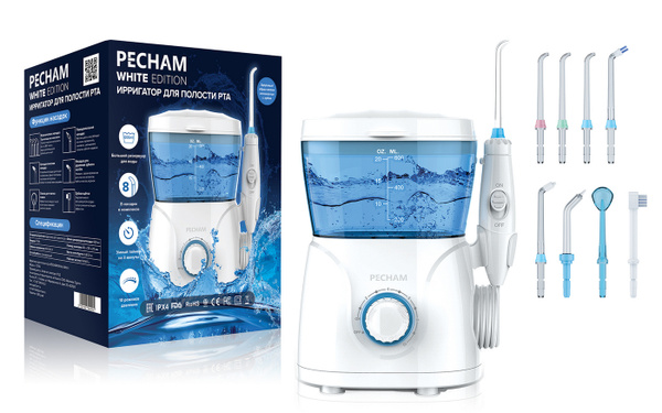 Ирригатор для полости рта PECHAM Professional White Edition, Стационарный, 8 насадок, Емкость ...
