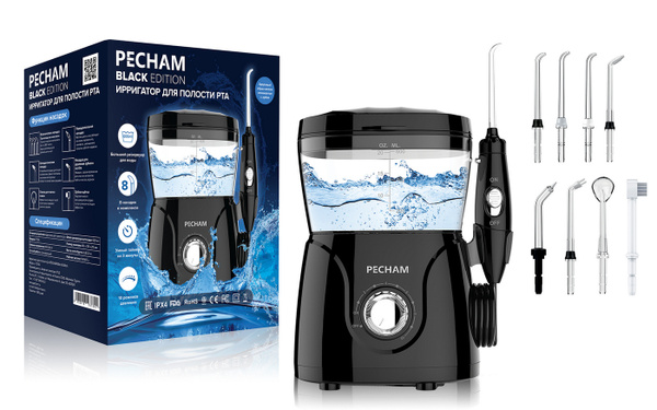 Ирригатор для полости рта PECHAM Professional Black Edition, Стационарный, 8 насадок, Емкость ...