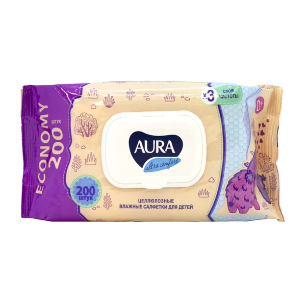 AURA ULTRA COMFORT Влажные салфетки для детей big-pack с крышкой.200 шт ...