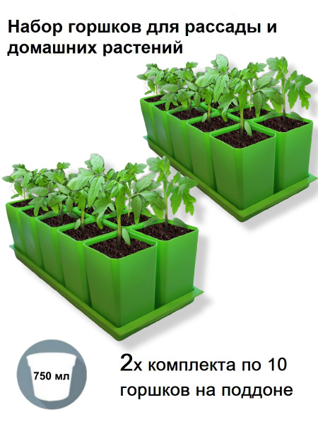 Горшки для рассады и цветов, 20 горшков 750 мл. и 2 общих поддона ...