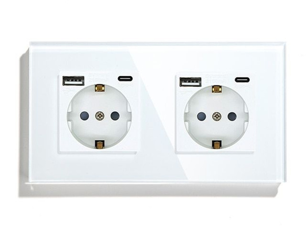 Двойная встраиваемая розетка в стеклянной белой рамке с Usb и Type C портами на 2А с заземлением