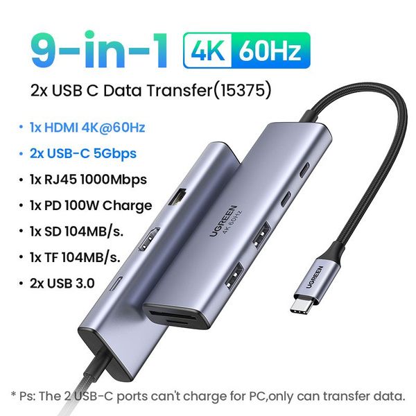 Ugreen Usb C Hub 4k60hz Type C к Hdmi 2 0 Usb 3 0 адаптер для книги Pro