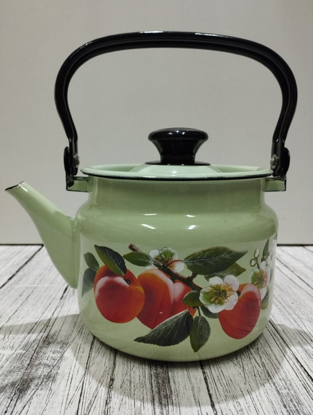 Чайник эмалированный 2 литра КМЗ салатовый ПЕРСИКИ, подвижная ручка ...