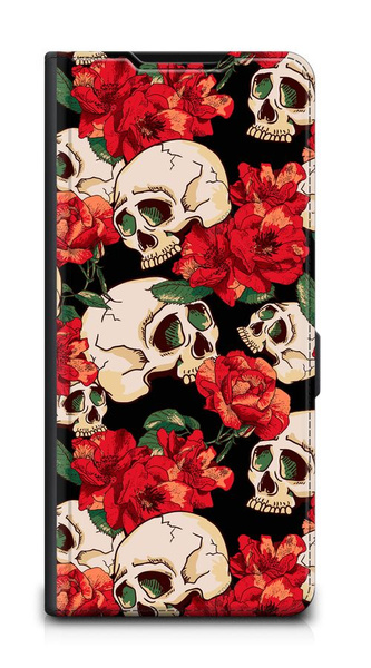 Чехол книжка на Tecno Spark 20 Pro Текно Спарк 20 Про с принтом Красные цветы и черепа