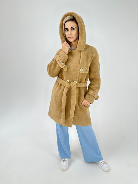 Шуба искусственная Maria Terra, Зима, размер 52, цвет светло-коричневый ...