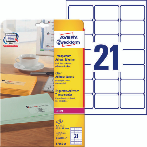 Прозрачные адресные этикетки Avery Zweckform L7560-25 для цветных лазерных принтеров (63.5x38.1 ...