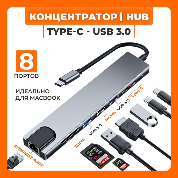 Usb Концентратор на 8 портов Usb Type C Hdmi Ethernet Microsd Sd