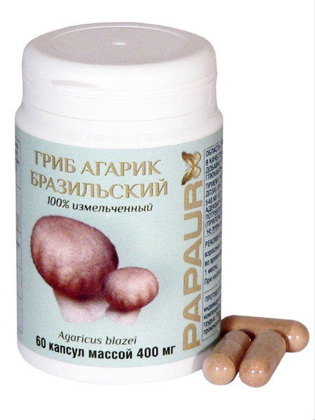 PAPAUR. Гриб Агарик Бразильский измельчённый 100%. 60 капсул по 400мг ...