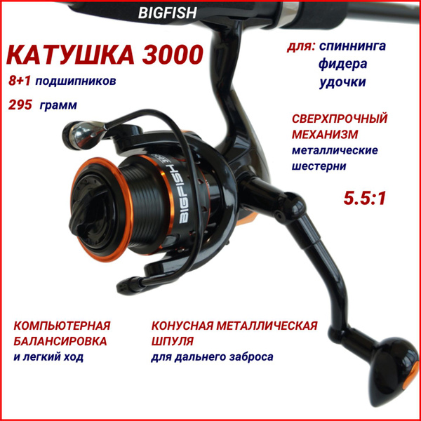 Катушка Рыбалка & Спорт бюджетная_черный_золотой, Безынерционная, 3000 ...