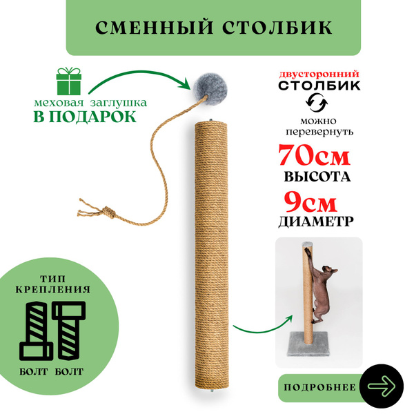 Сменный столбик для когтеточки Koshkin, джутовый, 70 см (Болт Болт ...