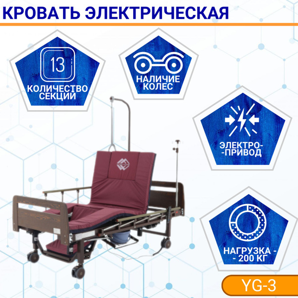 Кровать для лежачих больных MED-MOS YG-3 ЛДСП Венге с боковым переворачиванием, с матрасом ...