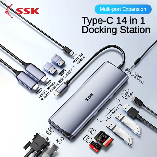 SSK 14 в 1 USB C HUB Dual HDMI HUB Многопортовый адаптер с HDMI VGA RJ45 Ethernet SD/TF PD3.0 ...