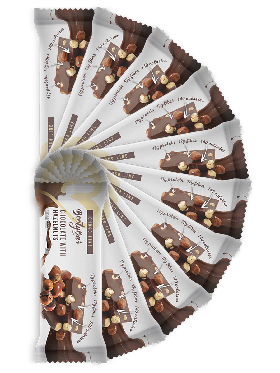 BOOTYBAR Протеиновый 2х-слойный батончик без сахара Choco Line, 10шт по 50г (Шоколад с фундуком ...