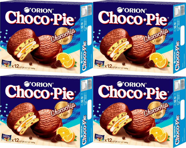 Печенье Choco Pie ChocoChip c апельсиновым джемом и шоколадной крошкой, комплект: 4 упаковки по ...