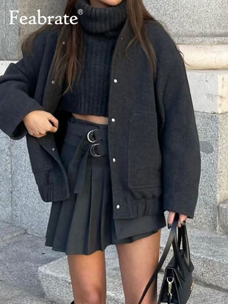 Бомбер Женский Feabrate Карманы, Воротник черный Полиэстер, размер 48 Длинный На любой сезон ...